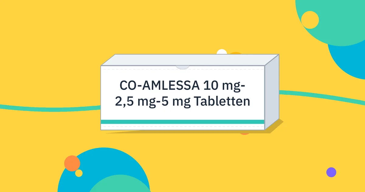 Symbolbild: Packung mit der Aufschrift CO-AMLESSA 10 mg-2,5 mg-5 mg Tabletten (PZN 19856583) – Verfügbarkeit und Bezug in Apotheken in Frankfurt am Main
