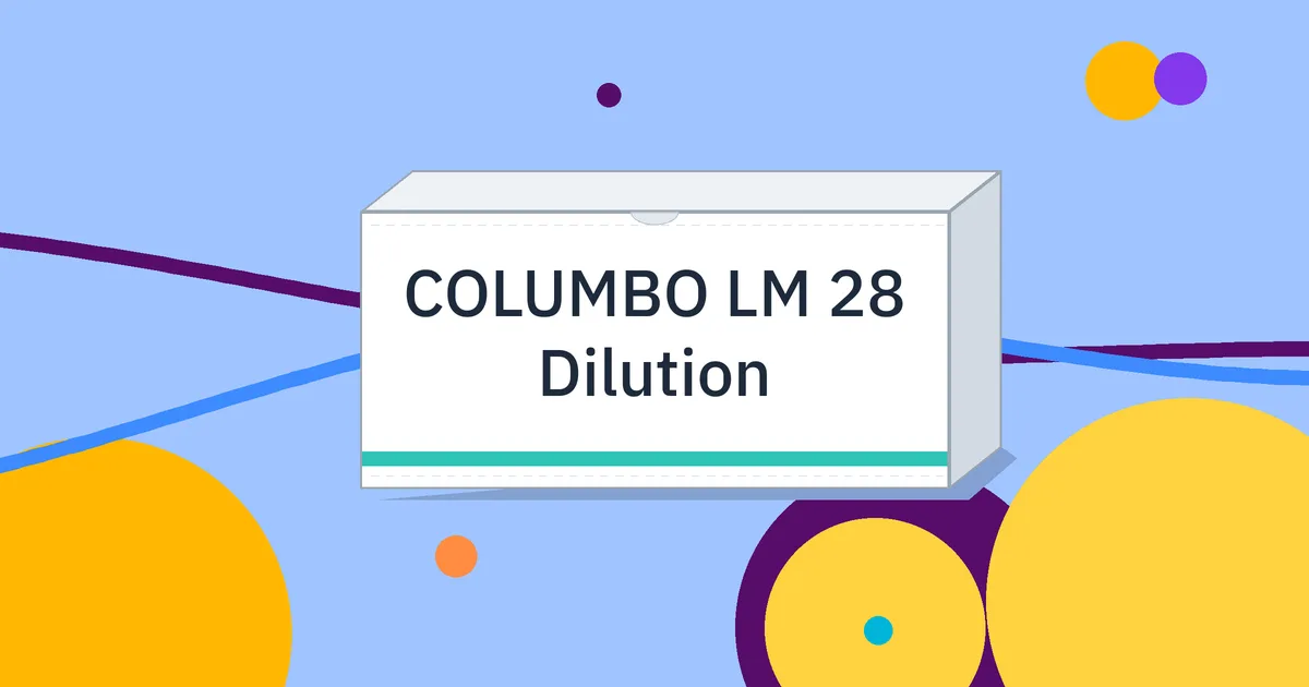 Symbolbild: Packung mit der Aufschrift COLUMBO LM 28 Dilution (PZN 13448937) – Verfügbarkeit und Bezug in Apotheken in Frankfurt am Main