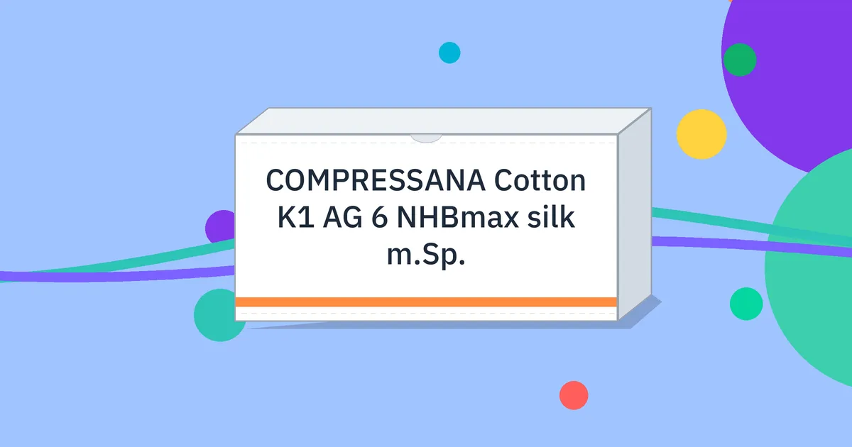 Symbolbild: Packung mit der Aufschrift COMPRESSANA Cotton K1 AG 6 NHBmax silk m.Sp. (PZN 11393729) – Verfügbarkeit und Bezug in Apotheken in Frankfurt am Main