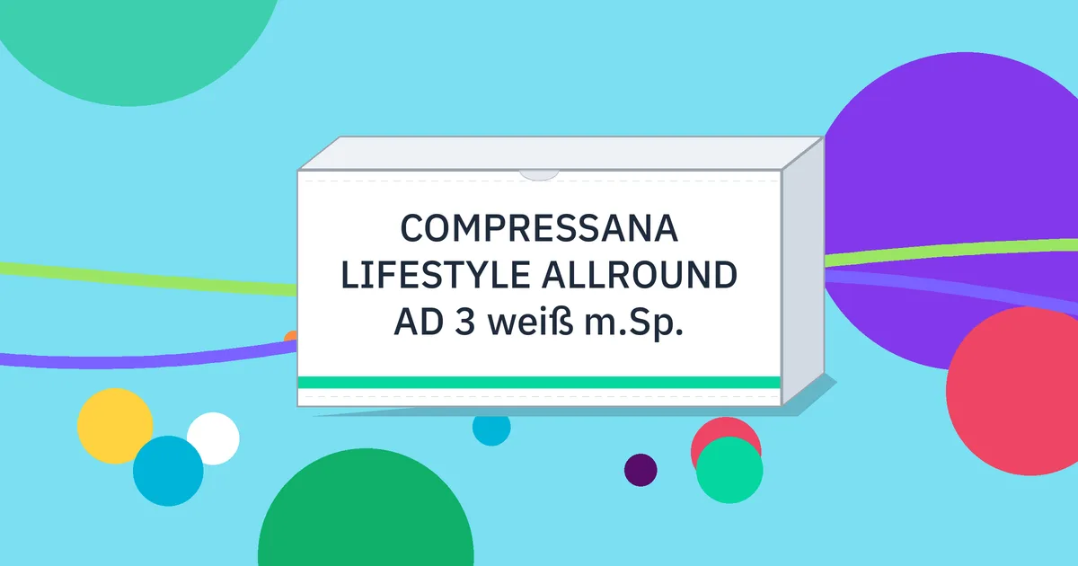 Symbolbild: Packung mit der Aufschrift COMPRESSANA LIFESTYLE ALLROUND AD 3 weiß m.Sp. (PZN 18367310) – Verfügbarkeit und Bezug in Apotheken in Frankfurt am Main