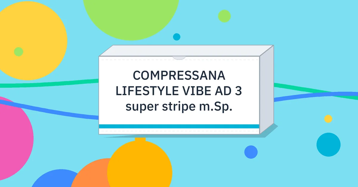 Symbolbild: Packung mit der Aufschrift COMPRESSANA LIFESTYLE VIBE AD 3 super stripe m.Sp. (PZN 18367445) – Verfügbarkeit und Bezug in Apotheken in Frankfurt am Main
