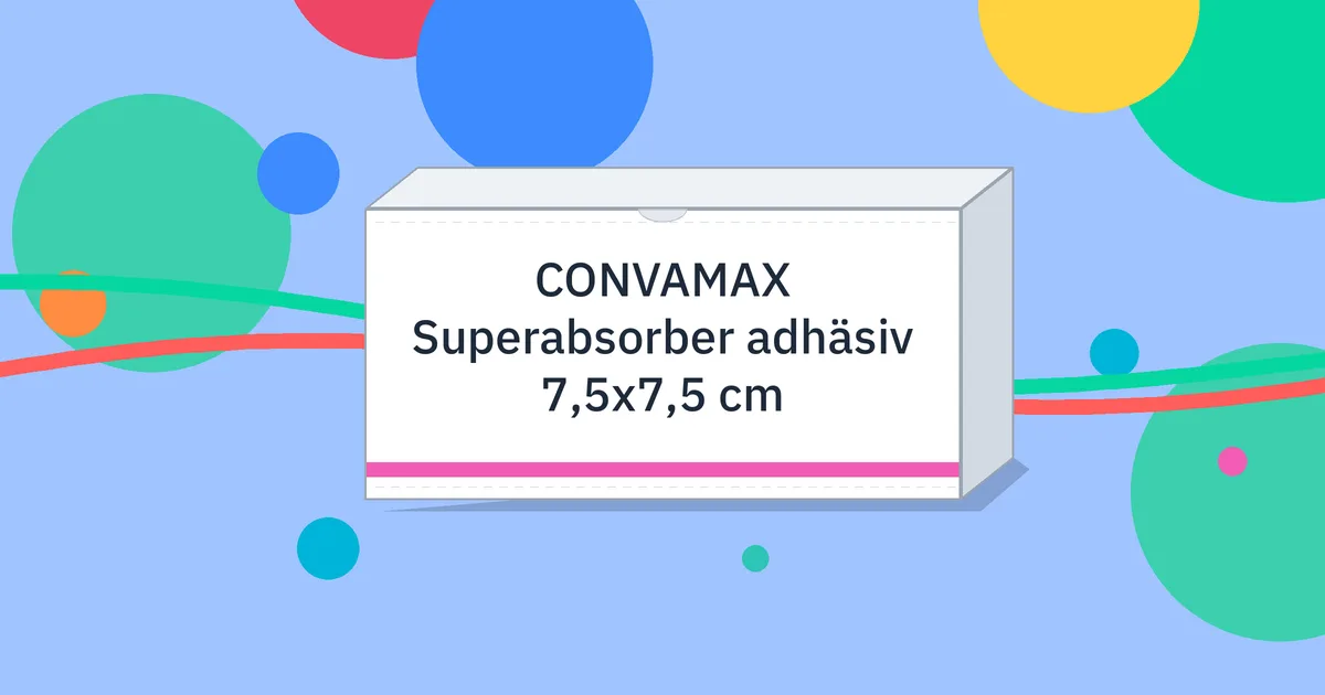 Symbolbild: Packung mit der Aufschrift CONVAMAX Superabsorber adhäsiv 7,5x7,5 cm (PZN 20286027) – Verfügbarkeit und Bezug in Apotheken in Frankfurt am Main