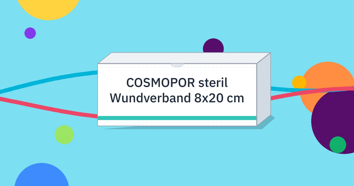 Symbolbild: Packung mit der Aufschrift COSMOPOR steril Wundverband 8x20 cm (PZN 17451095) – Verfügbarkeit und Bezug in Apotheken in Frankfurt am Main
