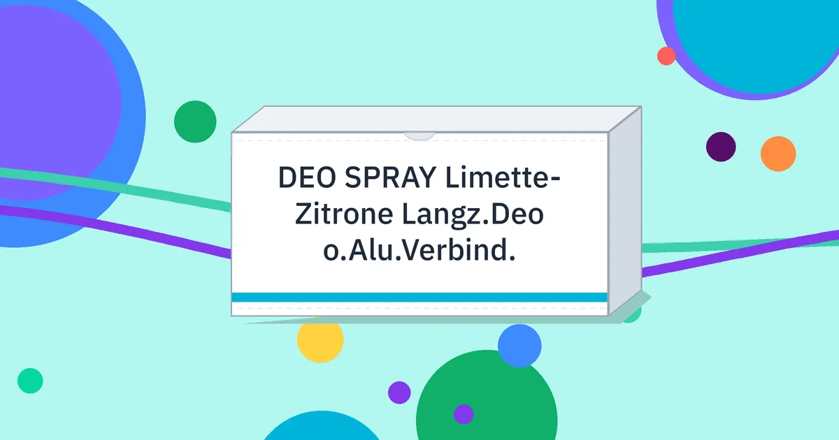 Symbolbild: Packung mit der Aufschrift DEO SPRAY Limette-Zitrone Langz.Deo o.Alu.Verbind. (PZN 10794194) – Verfügbarkeit und Bezug in Apotheken in Frankfurt am Main