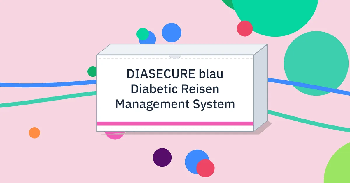 Symbolbild: Packung mit der Aufschrift DIASECURE blau Diabetic Reisen Management System (PZN 10301926) – Verfügbarkeit und Bezug in Apotheken in Frankfurt am Main