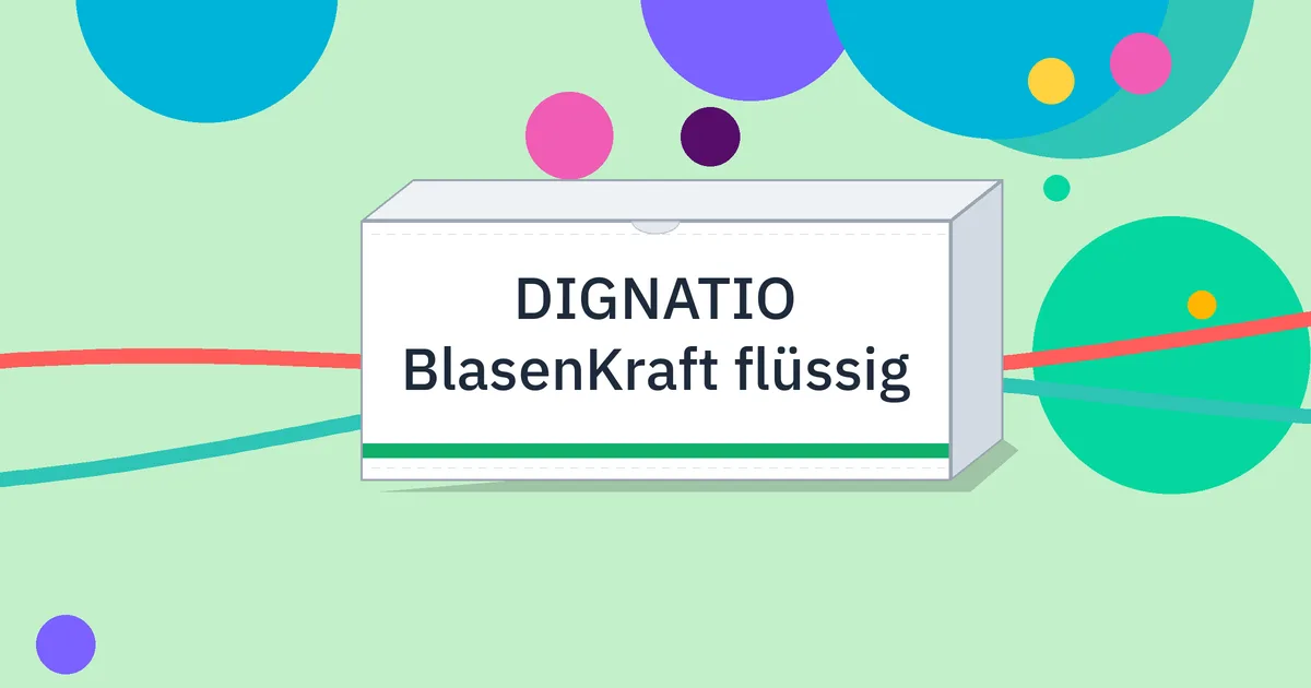 Symbolbild: Packung mit der Aufschrift DIGNATIO BlasenKraft flüssig (PZN 20383457) – Verfügbarkeit und Bezug in Apotheken in Frankfurt am Main