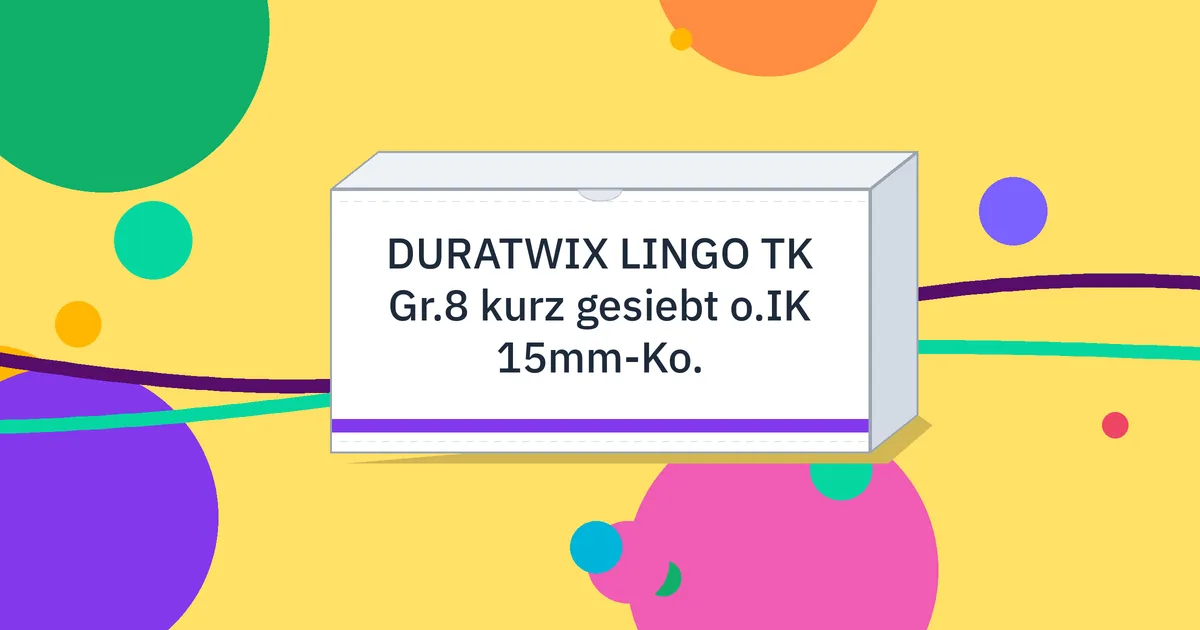 Symbolbild: Packung mit der Aufschrift DURATWIX LINGO TK Gr.8 kurz gesiebt o.IK 15mm-Ko. (PZN 06971489) – Verfügbarkeit und Bezug in Apotheken in Frankfurt am Main