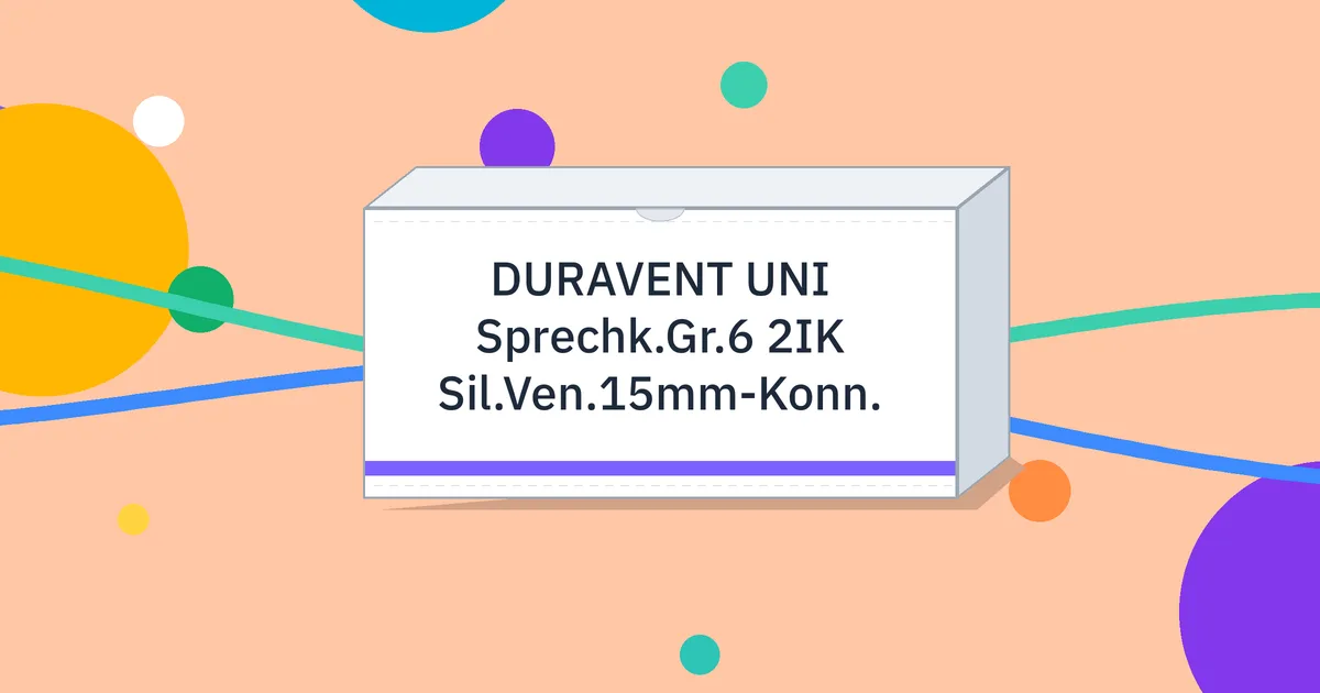 Symbolbild: Packung mit der Aufschrift DURAVENT UNI Sprechk.Gr.6 2IK Sil.Ven.15mm-Konn. (PZN 02082031) – Verfügbarkeit und Bezug in Apotheken in Frankfurt am Main