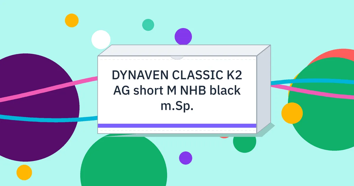 Symbolbild: Packung mit der Aufschrift DYNAVEN CLASSIC K2 AG short M NHB black m.Sp. (PZN 18418562) – Verfügbarkeit und Bezug in Apotheken in Frankfurt am Main