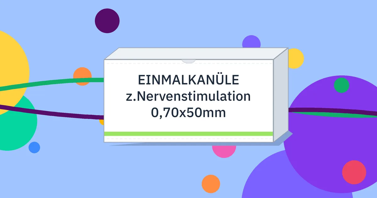Symbolbild: Packung mit der Aufschrift EINMALKANÜLE z.Nervenstimulation 0,70x50mm (PZN 01831714) – Verfügbarkeit und Bezug in Apotheken in Frankfurt am Main