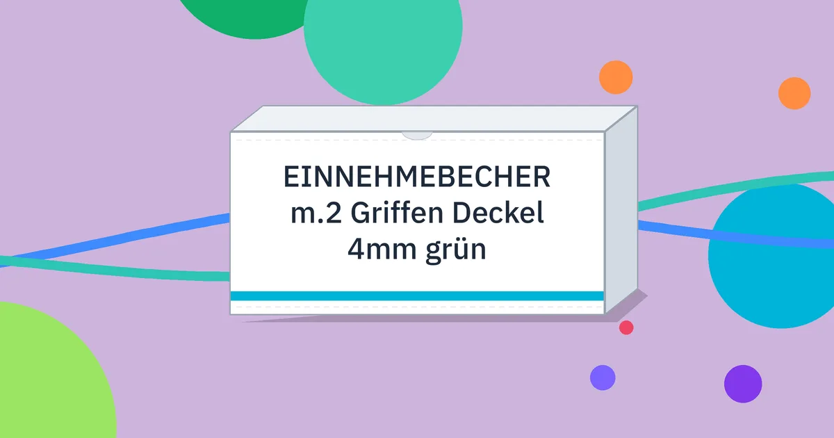 Symbolbild: Packung mit der Aufschrift EINNEHMEBECHER m.2 Griffen Deckel 4mm grün (PZN 10124111) – Verfügbarkeit und Bezug in Apotheken in Frankfurt am Main
