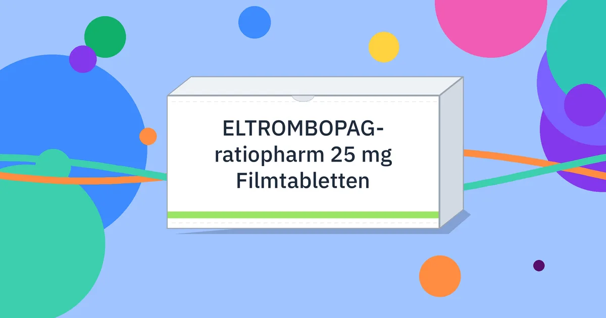 Symbolbild: Packung mit der Aufschrift ELTROMBOPAG-ratiopharm 25 mg Filmtabletten (PZN 19807969) – Verfügbarkeit und Bezug in Apotheken in Frankfurt am Main
