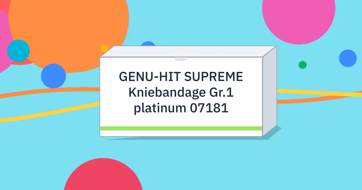 Symbolbild: Packung mit der Aufschrift GENU-HIT SUPREME Kniebandage Gr.1 platinum 07181 (PZN 15200650) – Verfügbarkeit und Bezug in Apotheken in Frankfurt am Main