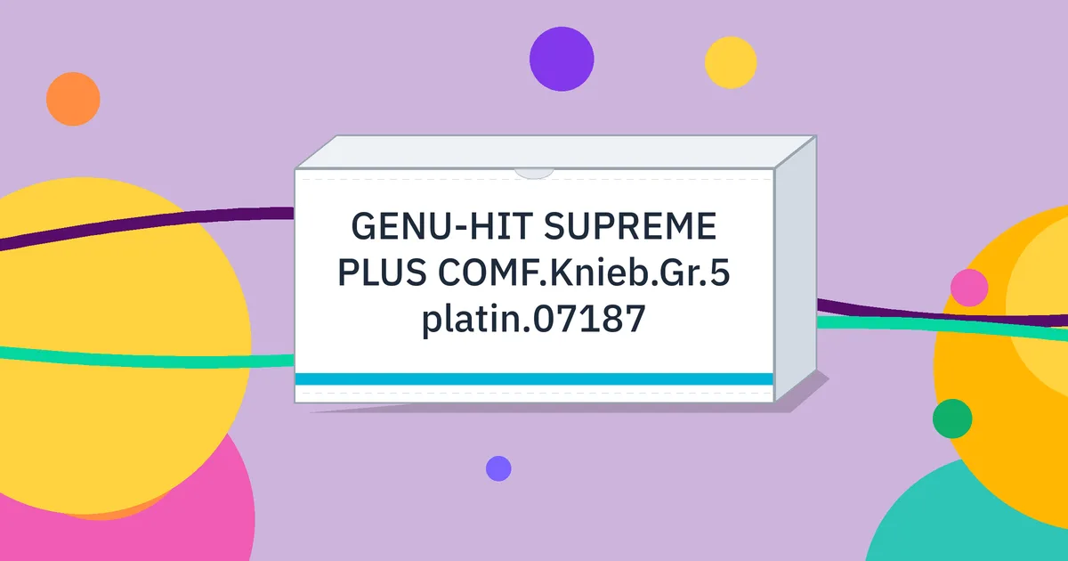 Symbolbild: Packung mit der Aufschrift GENU-HIT SUPREME PLUS COMF.Knieb.Gr.5 platin.07187 (PZN 18181427) – Verfügbarkeit und Bezug in Apotheken in Frankfurt am Main