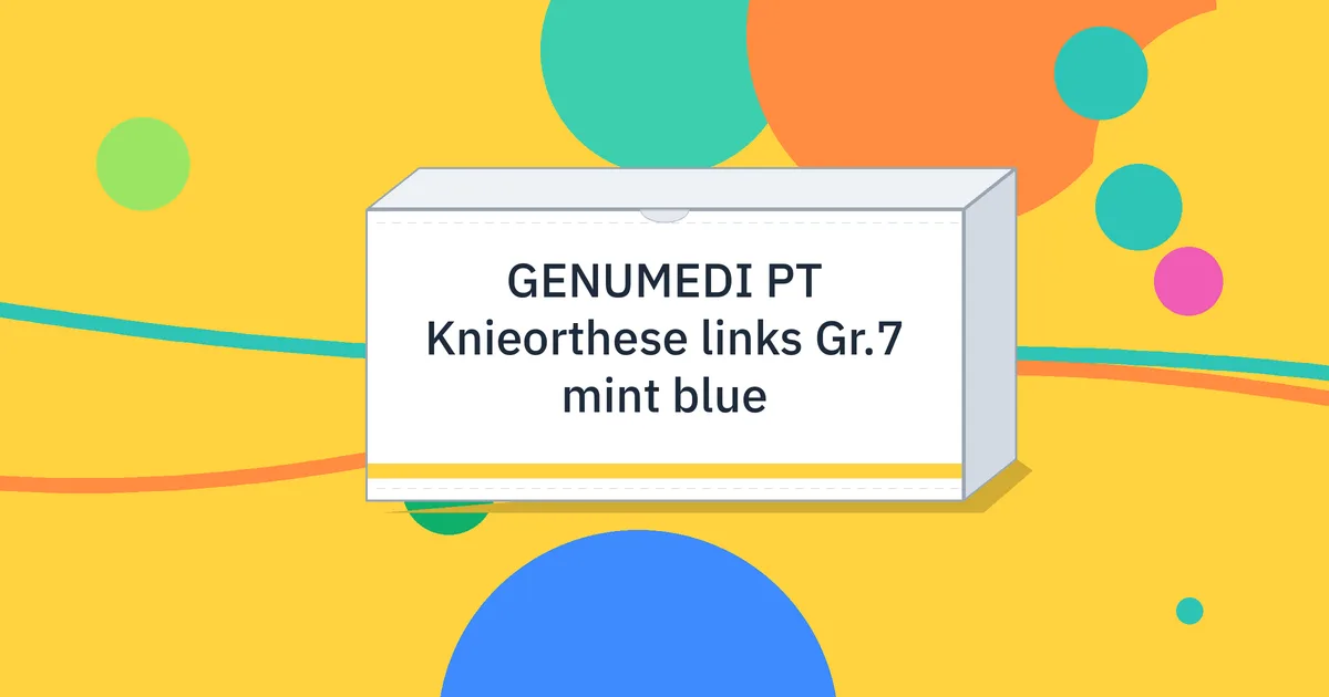 Symbolbild: Packung mit der Aufschrift GENUMEDI PT Knieorthese links Gr.7 mint blue (PZN 17982556) – Verfügbarkeit und Bezug in Apotheken in Frankfurt am Main