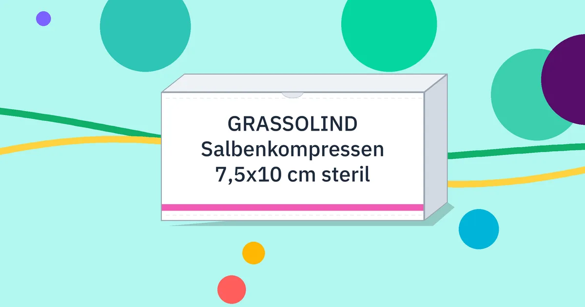 Symbolbild: Packung mit der Aufschrift GRASSOLIND Salbenkompressen 7,5x10 cm steril (PZN 03245624) – Verfügbarkeit und Bezug in Apotheken in Frankfurt am Main
