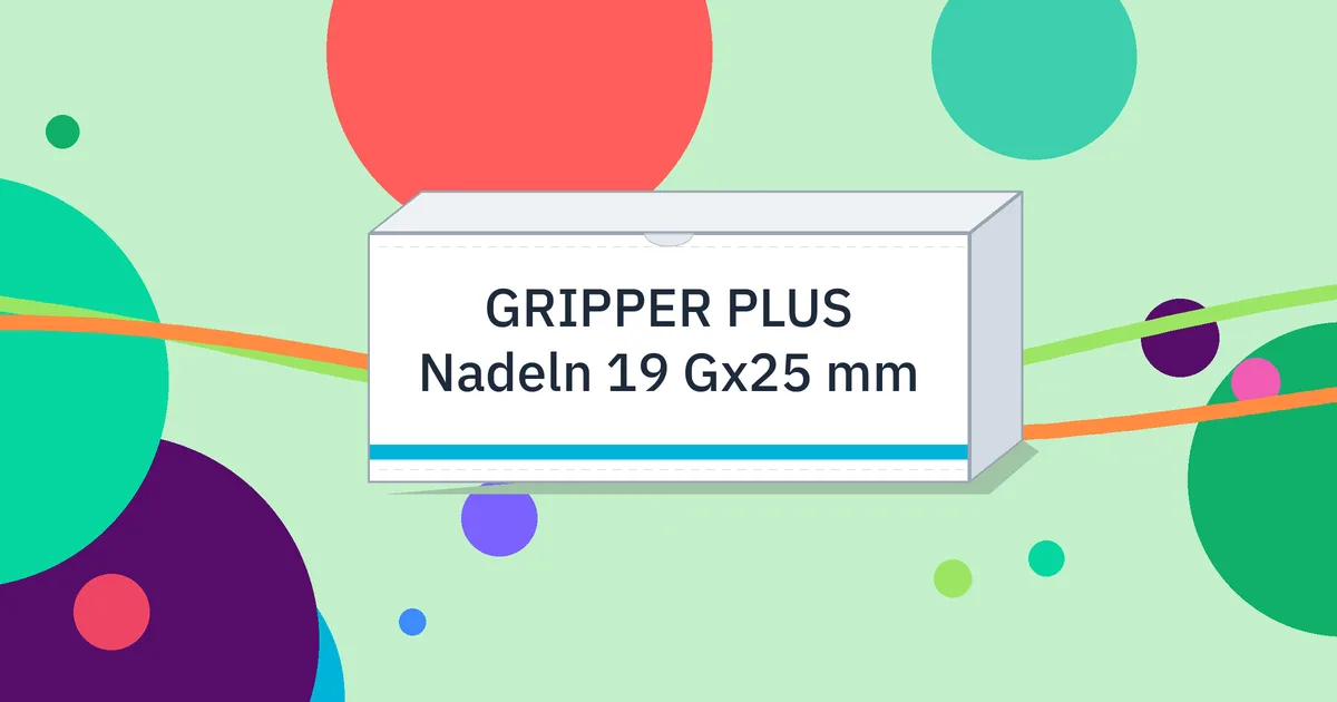 Symbolbild: Packung mit der Aufschrift GRIPPER PLUS Nadeln 19 Gx25 mm (PZN 00108453) – Verfügbarkeit und Bezug in Apotheken in Frankfurt am Main