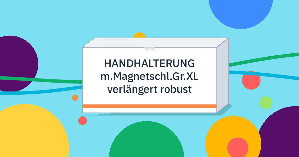 Symbolbild: Packung mit der Aufschrift HANDHALTERUNG m.Magnetschl.Gr.XL verlängert robust (PZN 16014576) – Verfügbarkeit und Bezug in Apotheken in Frankfurt am Main