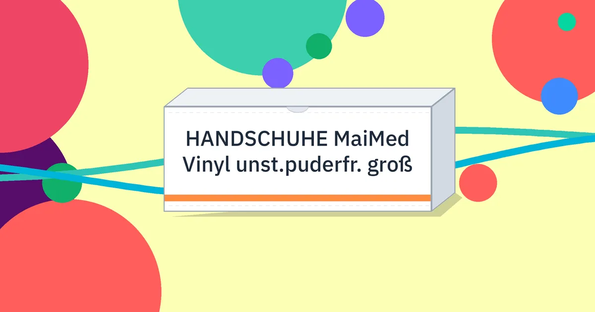 Symbolbild: Packung mit der Aufschrift HANDSCHUHE MaiMed Vinyl unst.puderfr. groß (PZN 01521729) – Verfügbarkeit und Bezug in Apotheken in Frankfurt am Main