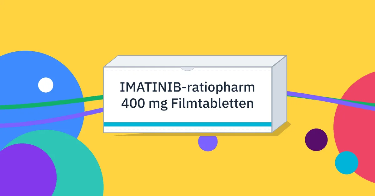 Symbolbild: Packung mit der Aufschrift IMATINIB-ratiopharm 400 mg Filmtabletten (PZN 11598549) – Verfügbarkeit und Bezug in Apotheken in Frankfurt am Main