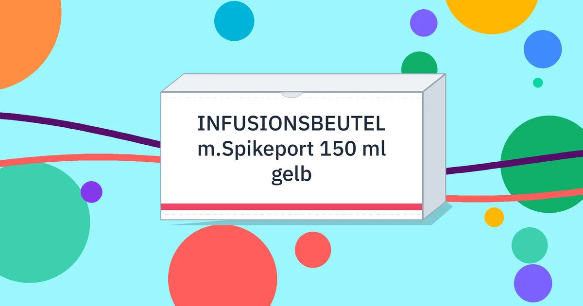 Symbolbild: Packung mit der Aufschrift INFUSIONSBEUTEL m.Spikeport 150 ml gelb (PZN 19986854) – Verfügbarkeit und Bezug in Apotheken in Frankfurt am Main