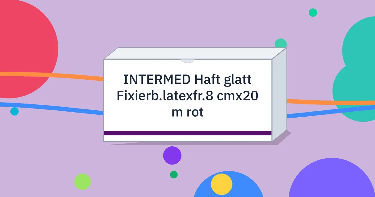 Symbolbild: Packung mit der Aufschrift INTERMED Haft glatt Fixierb.latexfr.8 cmx20 m rot (PZN 10944340) – Verfügbarkeit und Bezug in Apotheken in Frankfurt am Main