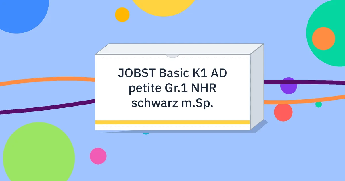Symbolbild: Packung mit der Aufschrift JOBST Basic K1 AD petite Gr.1 NHR schwarz m.Sp. (PZN 15313555) – Verfügbarkeit und Bezug in Apotheken in Frankfurt am Main