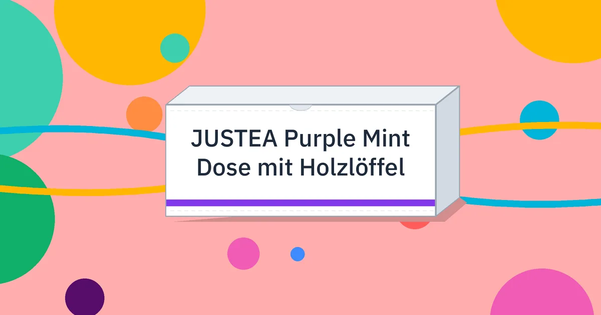 Symbolbild: Packung mit der Aufschrift JUSTEA Purple Mint Dose mit Holzlöffel (PZN 15419673) – Verfügbarkeit und Bezug in Apotheken in Frankfurt am Main