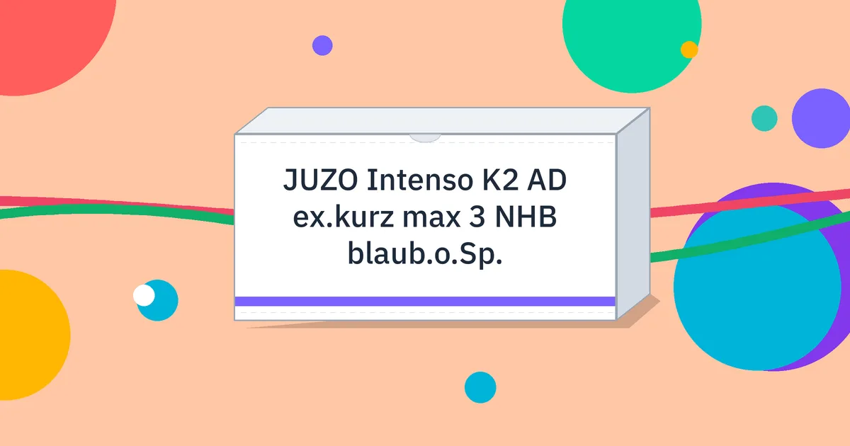 Symbolbild: Packung mit der Aufschrift JUZO Intenso K2 AD ex.kurz max 3 NHB blaub.o.Sp. (PZN 18621004) – Verfügbarkeit und Bezug in Apotheken in Frankfurt am Main