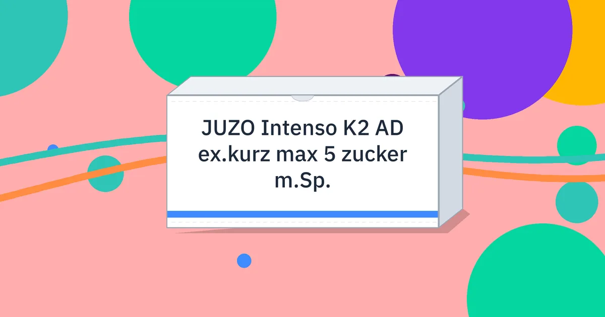Symbolbild: Packung mit der Aufschrift JUZO Intenso K2 AD ex.kurz max 5 zucker m.Sp. (PZN 18606619) – Verfügbarkeit und Bezug in Apotheken in Frankfurt am Main