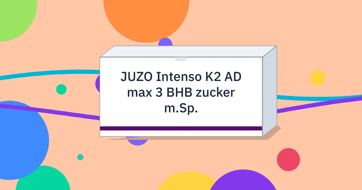 Symbolbild: Packung mit der Aufschrift JUZO Intenso K2 AD max 3 BHB zucker m.Sp. (PZN 18616061) – Verfügbarkeit und Bezug in Apotheken in Frankfurt am Main