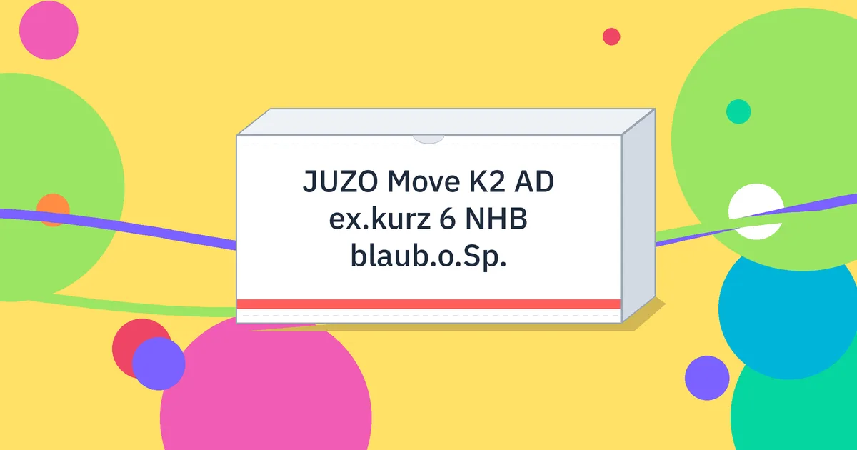 Symbolbild: Packung mit der Aufschrift JUZO Move K2 AD ex.kurz 6 NHB blaub.o.Sp. (PZN 18542405) – Verfügbarkeit und Bezug in Apotheken in Frankfurt am Main