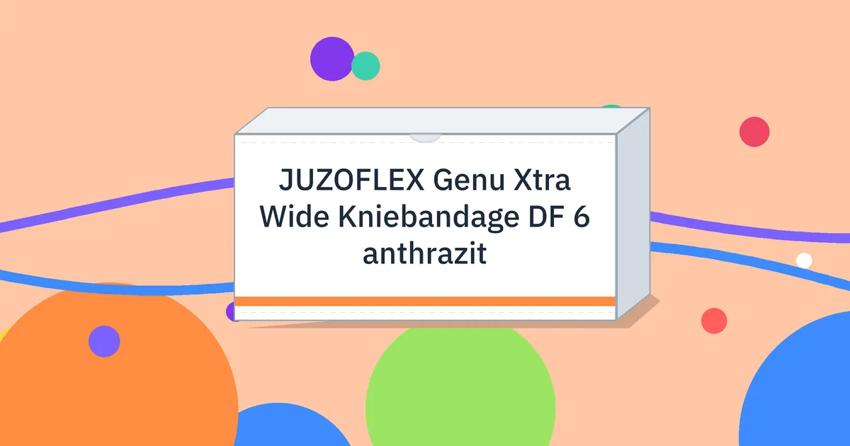 Symbolbild: Packung mit der Aufschrift JUZOFLEX Genu Xtra Wide Kniebandage DF 6 anthrazit (PZN 16497876) – Verfügbarkeit und Bezug in Apotheken in Frankfurt am Main