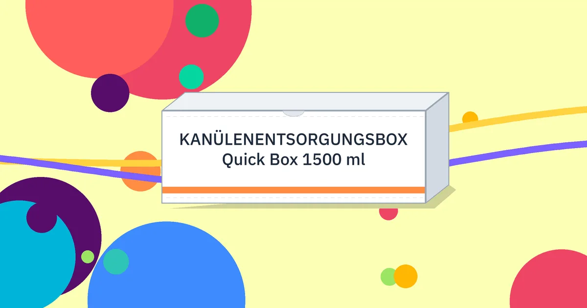 Symbolbild: Packung mit der Aufschrift KANÜLENENTSORGUNGSBOX Quick Box 1500 ml (PZN 09618500) – Verfügbarkeit und Bezug in Apotheken in Frankfurt am Main
