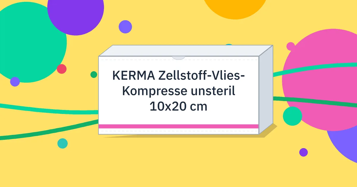 Symbolbild: Packung mit der Aufschrift KERMA Zellstoff-Vlies-Kompresse unsteril 10x20 cm (PZN 12551432) – Verfügbarkeit und Bezug in Apotheken in Frankfurt am Main