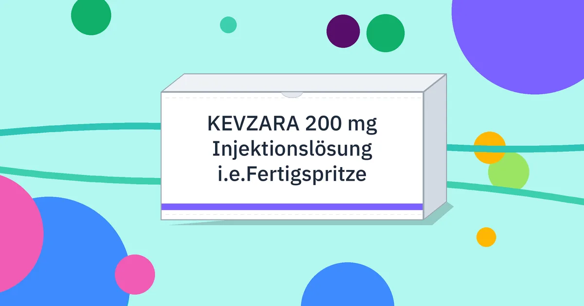 Symbolbild: Packung mit der Aufschrift KEVZARA 200 mg Injektionslösung i.e.Fertigspritze (PZN 19538883) – Verfügbarkeit und Bezug in Apotheken in Frankfurt am Main