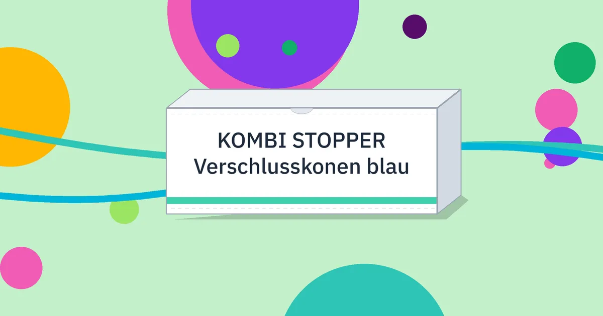 Symbolbild: Packung mit der Aufschrift KOMBI STOPPER Verschlusskonen blau (PZN 09461607) – Verfügbarkeit und Bezug in Apotheken in Frankfurt am Main
