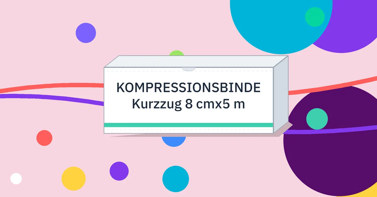 Symbolbild: Packung mit der Aufschrift KOMPRESSIONSBINDE Kurzzug 8 cmx5 m (PZN 07550620) – Verfügbarkeit und Bezug in Apotheken in Frankfurt am Main