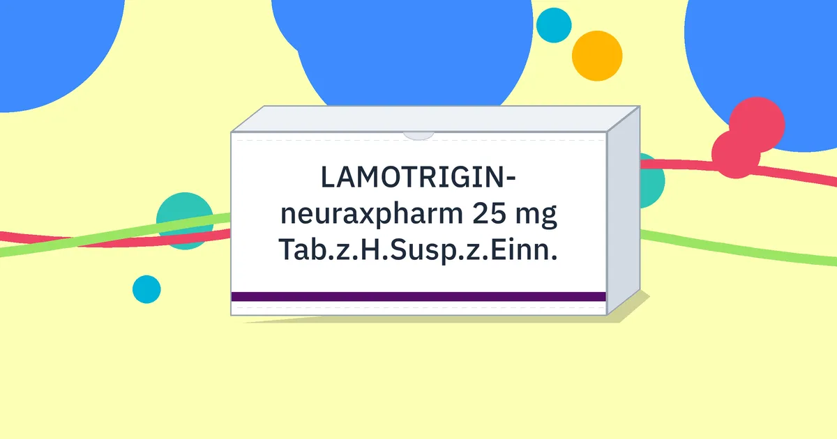 Symbolbild: Packung mit der Aufschrift LAMOTRIGIN-neuraxpharm 25 mg Tab.z.H.Susp.z.Einn. (PZN 01281449) – Verfügbarkeit und Bezug in Apotheken in Frankfurt am Main