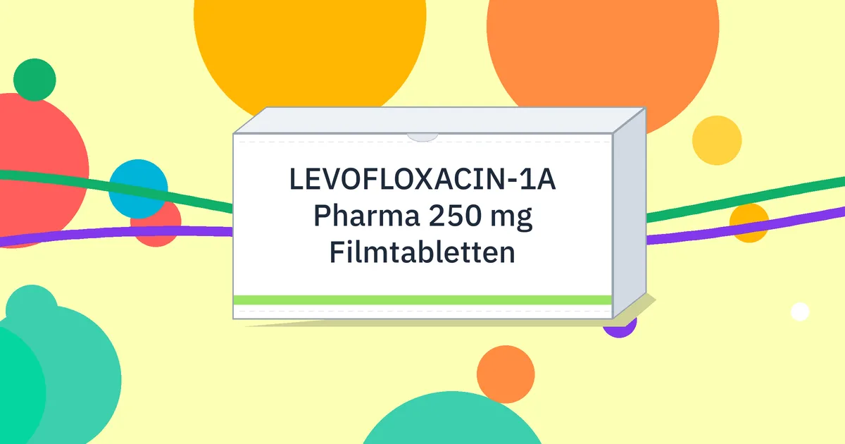 Symbolbild: Packung mit der Aufschrift LEVOFLOXACIN-1A Pharma 250 mg Filmtabletten (PZN 07715067) – Verfügbarkeit und Bezug in Apotheken in Frankfurt am Main