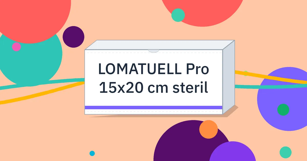 Symbolbild: Packung mit der Aufschrift LOMATUELL Pro 15x20 cm steril (PZN 20398364) – Verfügbarkeit und Bezug in Apotheken in Frankfurt am Main