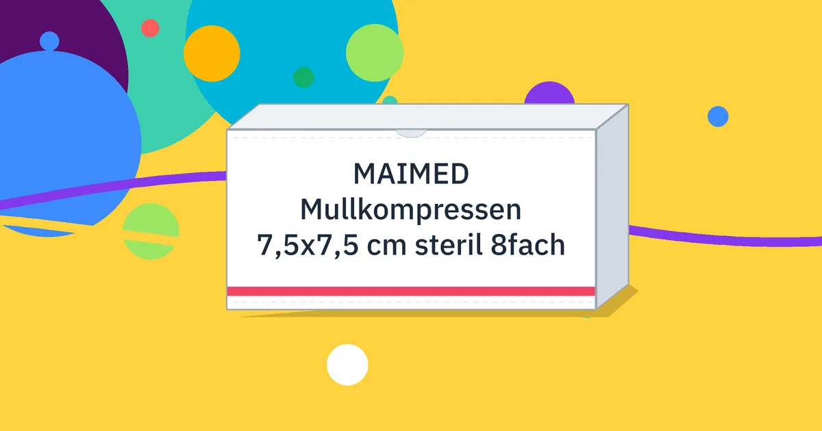 Symbolbild: Packung mit der Aufschrift MAIMED Mullkompressen 7,5x7,5 cm steril 8fach (PZN 03180741) – Verfügbarkeit und Bezug in Apotheken in Frankfurt am Main