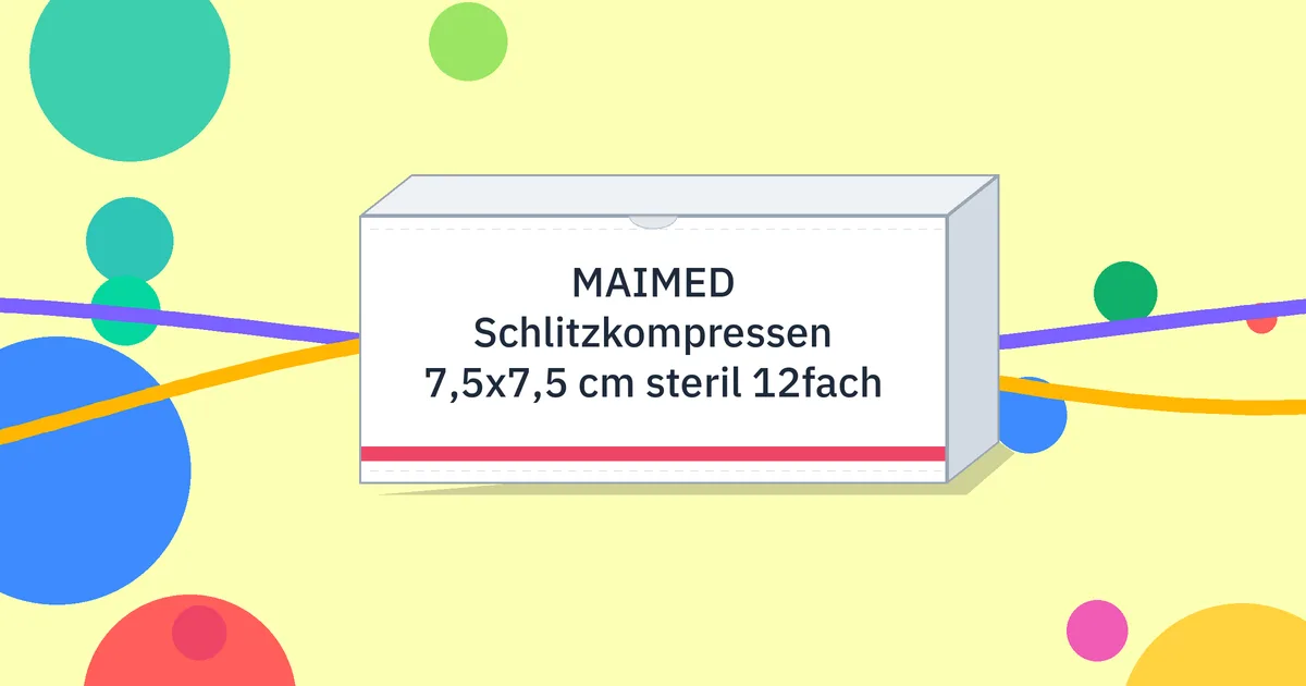 Symbolbild: Packung mit der Aufschrift MAIMED Schlitzkompressen 7,5x7,5 cm steril 12fach (PZN 07372905) – Verfügbarkeit und Bezug in Apotheken in Frankfurt am Main