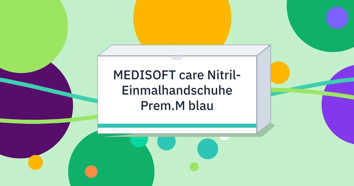 Symbolbild: Packung mit der Aufschrift MEDISOFT care Nitril-Einmalhandschuhe Prem.M blau (PZN 20028414) – Verfügbarkeit und Bezug in Apotheken in Frankfurt am Main