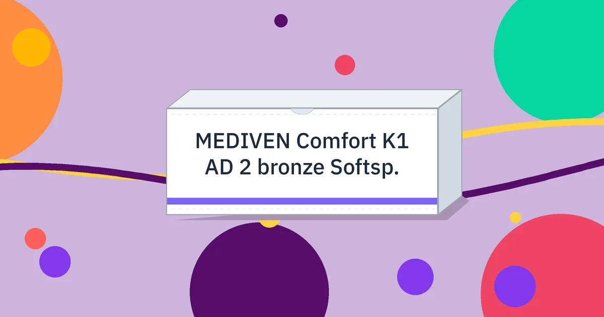 Symbolbild: Packung mit der Aufschrift MEDIVEN Comfort K1 AD 2 bronze Softsp. (PZN 14559248) – Verfügbarkeit und Bezug in Apotheken in Frankfurt am Main
