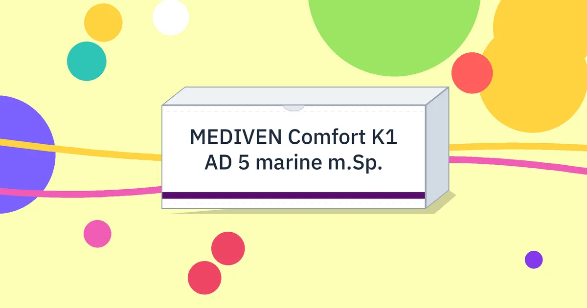 Symbolbild: Packung mit der Aufschrift MEDIVEN Comfort K1 AD 5 marine m.Sp. (PZN 14559745) – Verfügbarkeit und Bezug in Apotheken in Frankfurt am Main