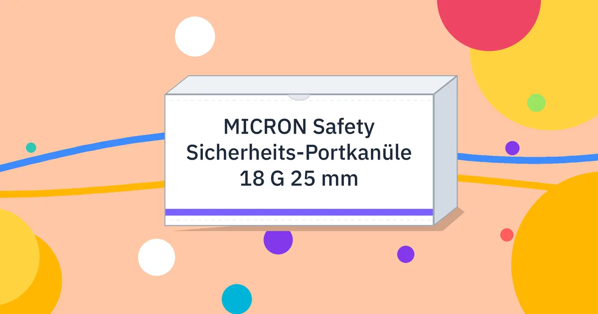 Symbolbild: Packung mit der Aufschrift MICRON Safety Sicherheits-Portkanüle 18 G 25 mm (PZN 19223398) – Verfügbarkeit und Bezug in Apotheken in Frankfurt am Main