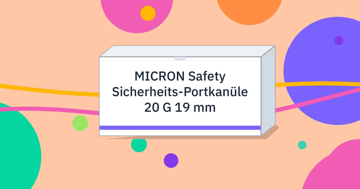 Symbolbild: Packung mit der Aufschrift MICRON Safety Sicherheits-Portkanüle 20 G 19 mm (PZN 19146290) – Verfügbarkeit und Bezug in Apotheken in Frankfurt am Main