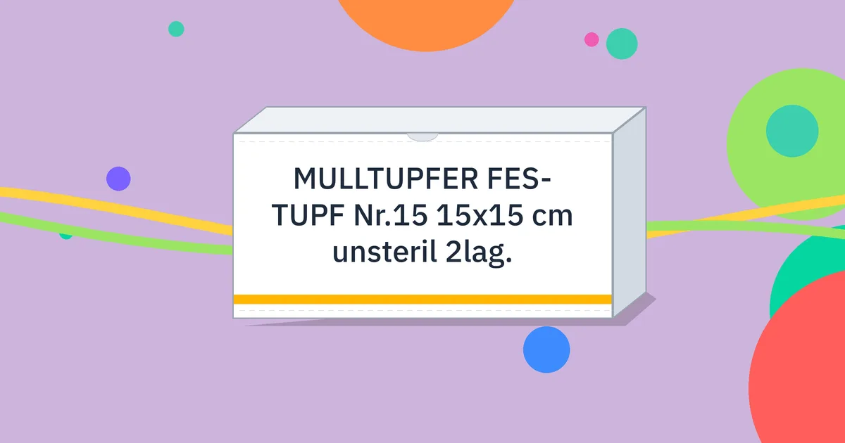 Symbolbild: Packung mit der Aufschrift MULLTUPFER FES-TUPF Nr.15 15x15 cm unsteril 2lag. (PZN 04094512) – Verfügbarkeit und Bezug in Apotheken in Frankfurt am Main