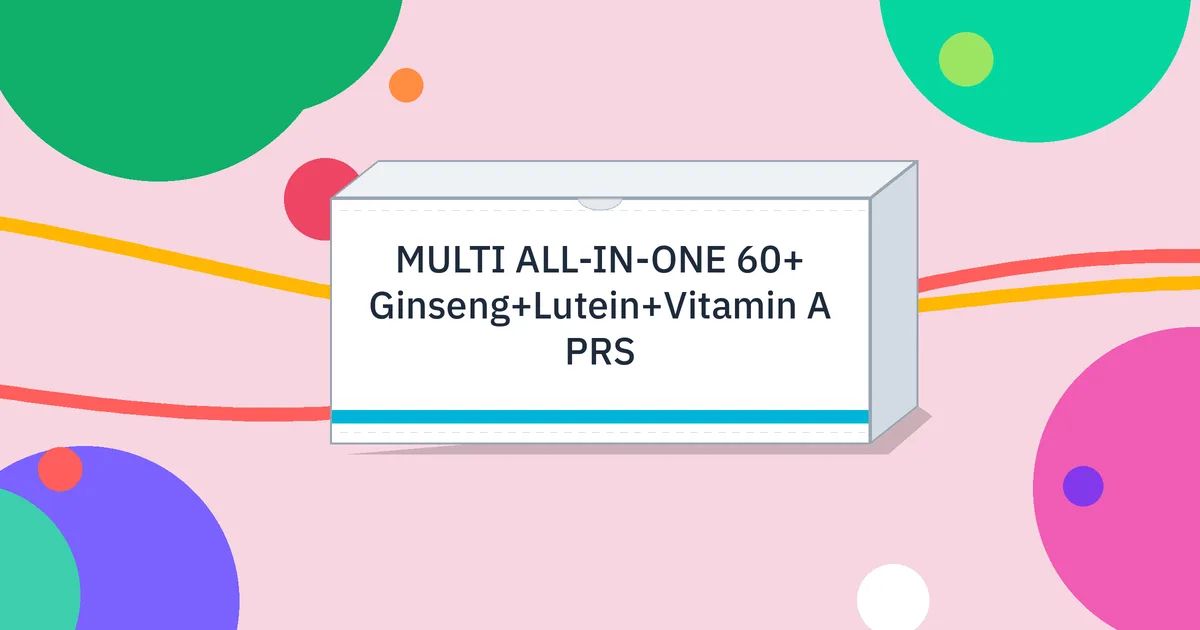 Symbolbild: Packung mit der Aufschrift MULTI ALL-IN-ONE 60+ Ginseng+Lutein+Vitamin A PRS (PZN 19438242) – Verfügbarkeit und Bezug in Apotheken in Frankfurt am Main
